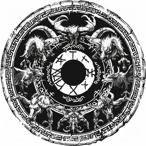 Viking rune circle with mythical creatures in dark tones – IMAGELLA