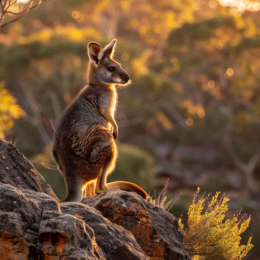 Tranquil dawn: Yellow-footed Rock Wallaby on high ledge – IMAGELLA