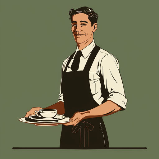 Waiter graphic with realistic style, muted olive background – IMAGELLA