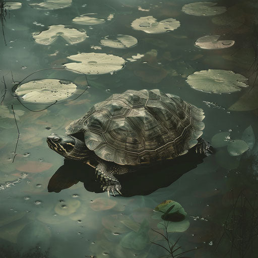 Snapping turtle in a serene pond with floating lily pads – IMAGELLA