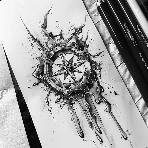 Surrealist Tattoo Sketch: Melting Compass Rose in Monochrome – IMAGELLA