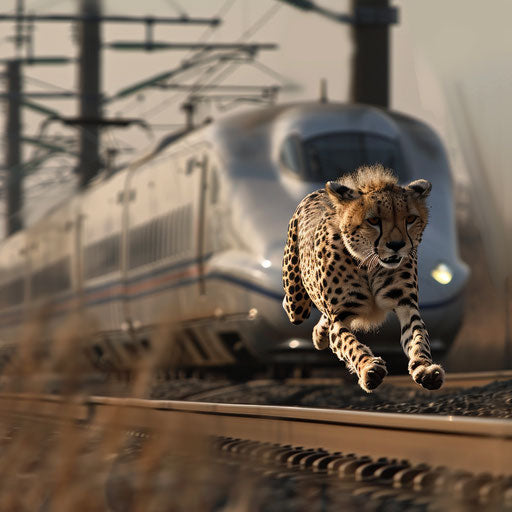 Cheetah racing next to a bullet train, metaphor for speed and modernity ...