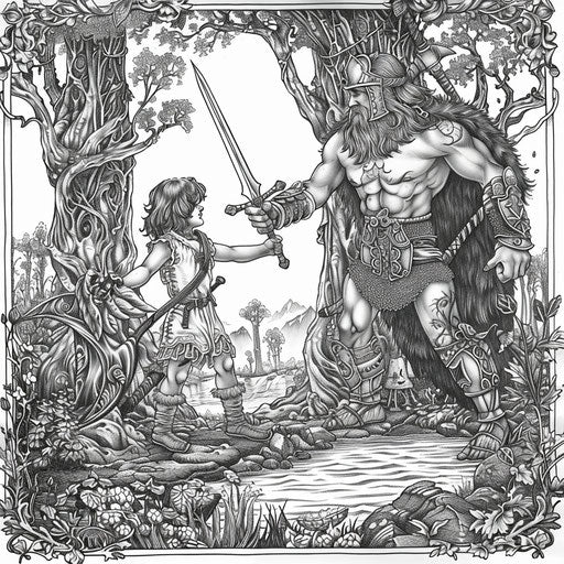 David and Goliath in an enchanted forest, Johanna Basford style – IMAGELLA