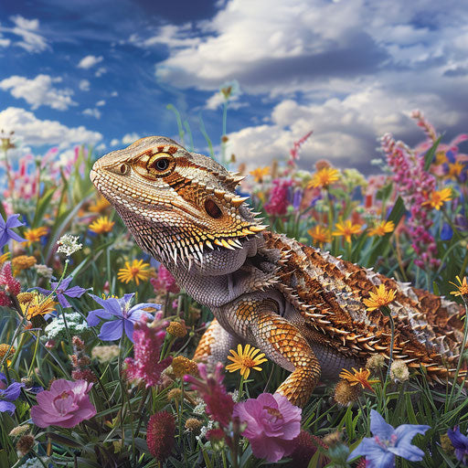 Bearded dragon in a field of flowers – IMAGELLA