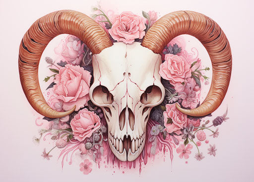 Red haired ram skull with horns and flowers, light pink style, wiccan ...