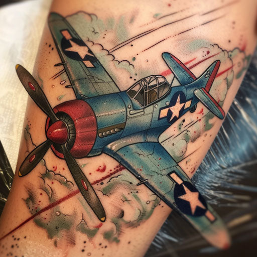 WWII fighter plane with clouds in retro-style tattoo on white – IMAGELLA