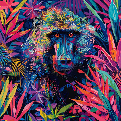 Baboon in vibrant and colorful vegetation – IMAGELLA