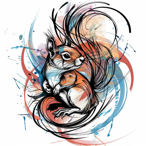 Flat sketch of a squirrel in a dynamic pose with abstract wind lines ...
