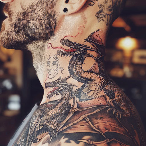 Neck tattoo of epic fantasy dragons – IMAGELLA