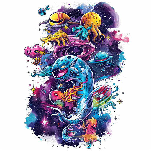 Cartoony galaxy tattoo design, playful and colorful with animated space ...