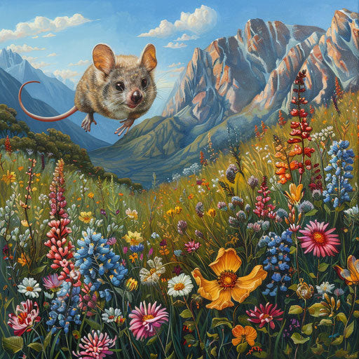 A playful marsupial bouncing through an alpine flower field, with ...
