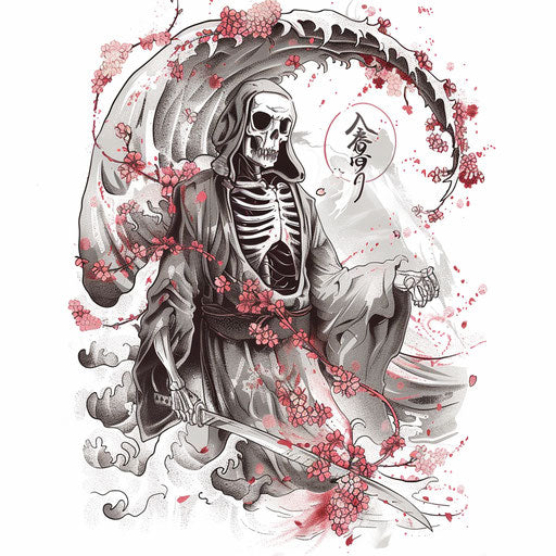 Japanese style reaper tattoo with waves and cherry blossoms in the ...