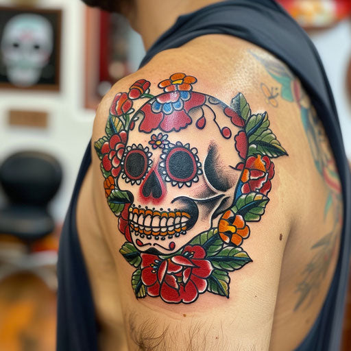 Traditional skull and roses tattoo symbolizing life and death duality ...