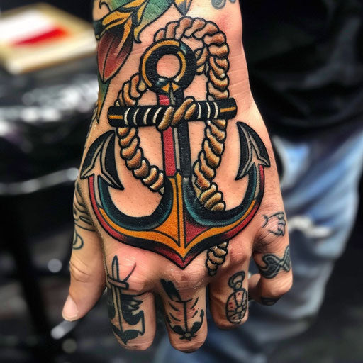 Hand tattoo of anchor and rope, Sailor Jerry style – IMAGELLA