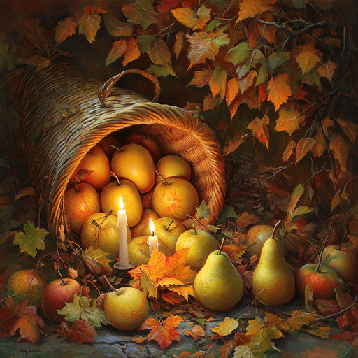 Cornucopia with golden apples and pears in candlelight – IMAGELLA