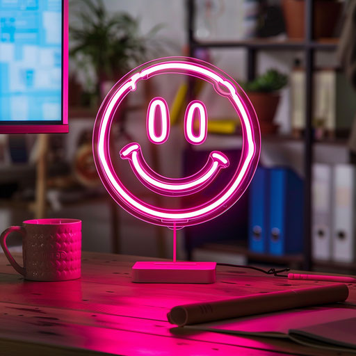Neon pink smiley face sign on a desk – IMAGELLA
