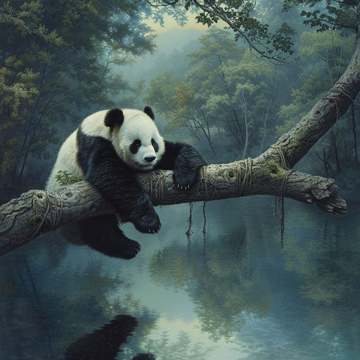 Giant panda napping on branch over serene lake – IMAGELLA