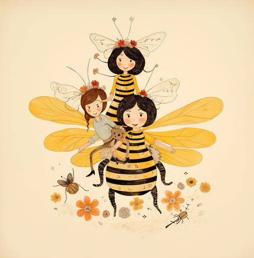 A cartoon bee with two children riding on it – IMAGELLA