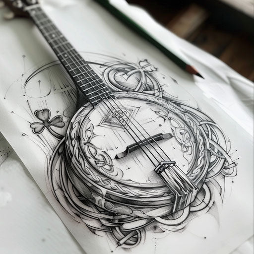 Design of a traditional Irish banjo with shamrocks and Celtic knots ...