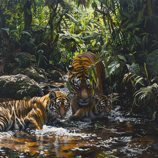 Sunda tiger and cub playing by a tranquil jungle stream – IMAGELLA