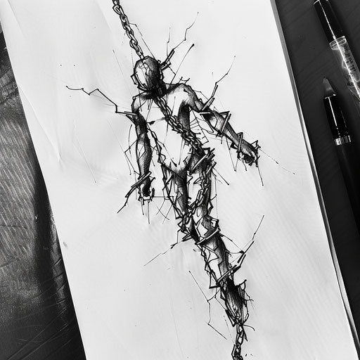 Bold line drawing of freedom theme silhouette breaking free from chains ...