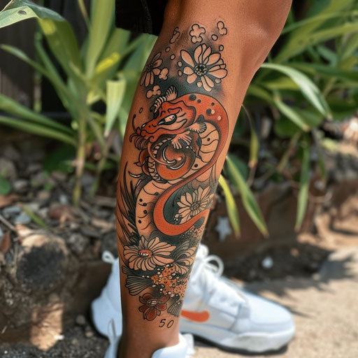 Oceanic creatures leg tattoo in Sailor Jerry style – IMAGELLA