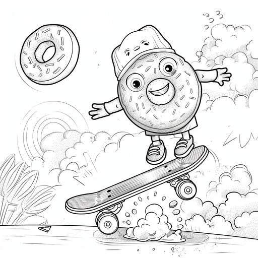 A cute donut character riding a skateboard in a fun scene – IMAGELLA