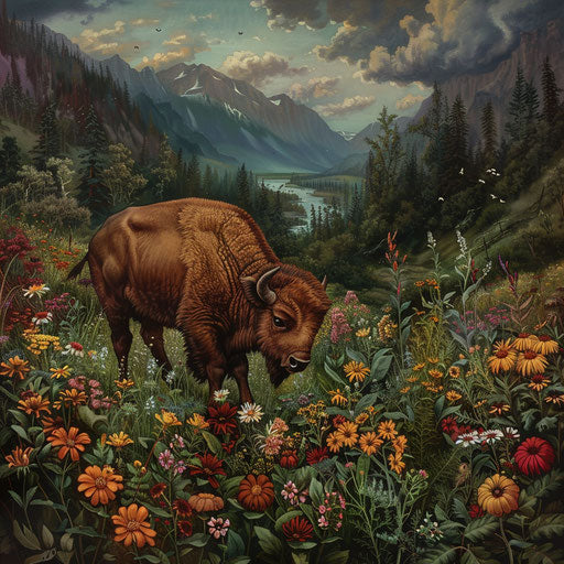 Hidden valley with wildflowers, playful bison calf – IMAGELLA