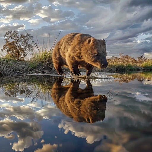 Wombat running along a riverbank with reflections of the sky – IMAGELLA