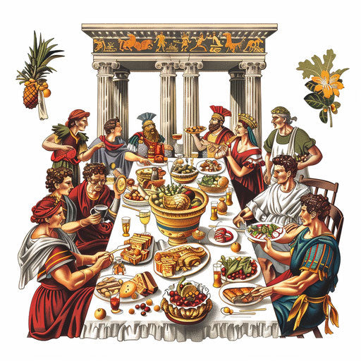 Vibrant and colorful tattoo illustration of a Roman feast scene – IMAGELLA