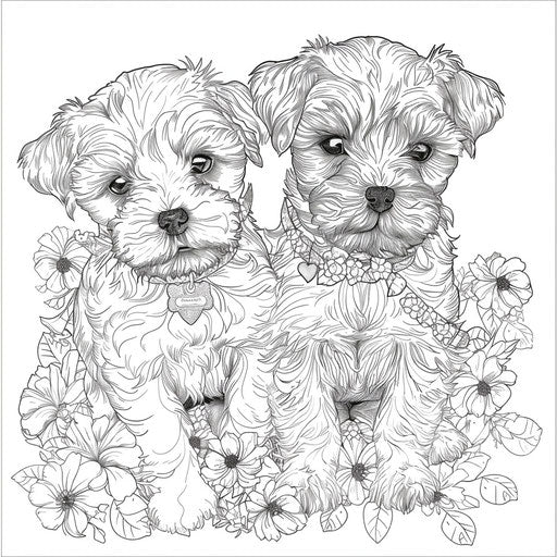 Elegant puppies with floral decorations in the style of Megan Hess ...