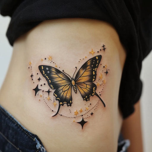Rib tattoos for women featuring flying butterfly and stars – IMAGELLA