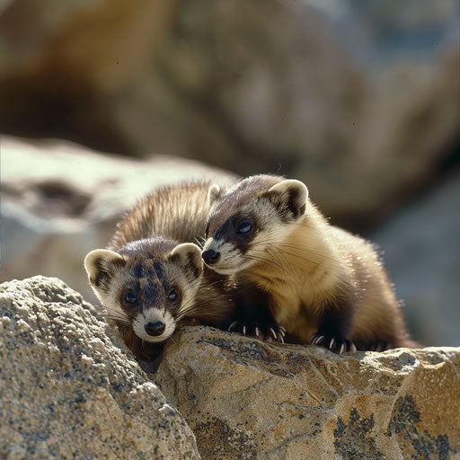 Two black-footed ferrets grooming each other on a warm, sunny rock ...