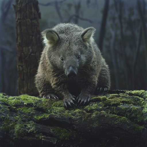 Wombat on mossy log with dramatic lighting – IMAGELLA