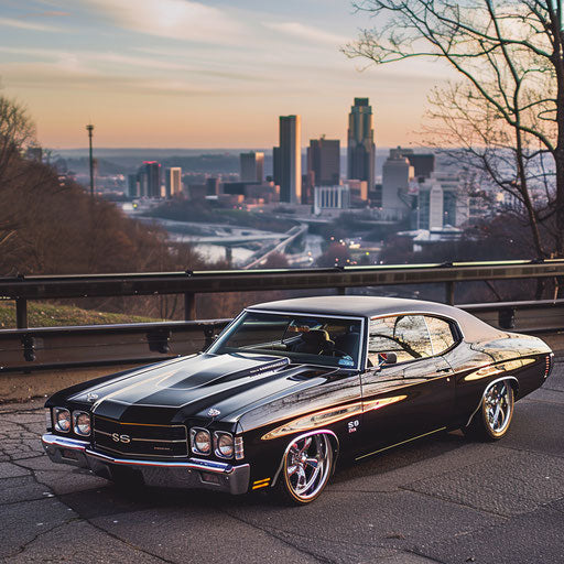 1977 Chevelle with two-tone paint and city skyline view – IMAGELLA