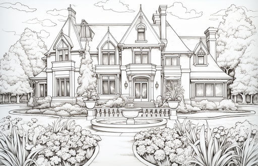Coloring page of the manor at flower garden, in the style of Duffy ...