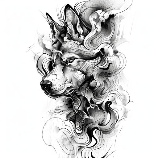 Abstract flat tattoo sketch with a husky face emerging from swirling ...