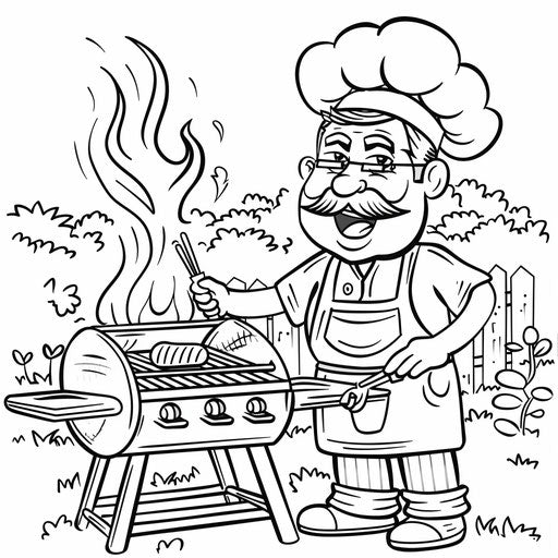 Cartoon dad cooking on a barbecue grill with a chef hat and apron ...