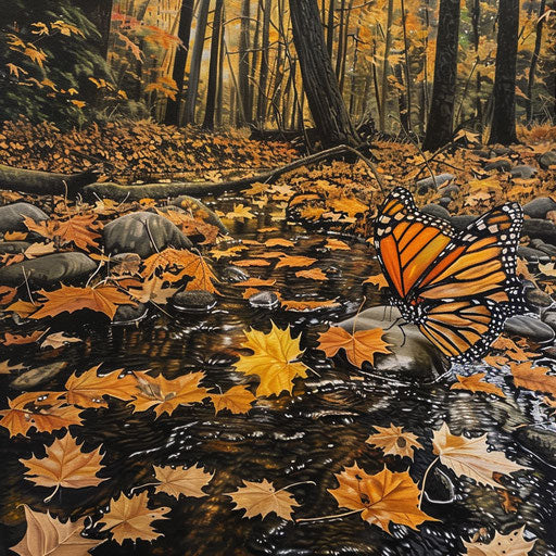 Solitary monarch butterfly over babbling brook autumn leaves – IMAGELLA
