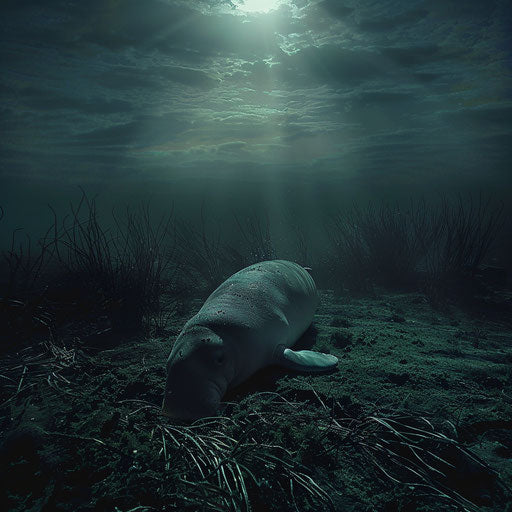 Dugong en una dramática escena submarina iluminada por la luna – IMAGELLA