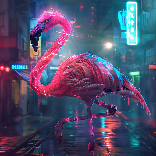 Cyberpunk flamingo illuminated by neon lights and futuristic elements ...