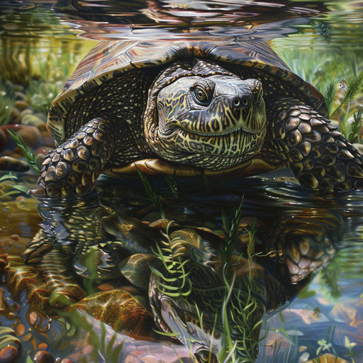 A snapping turtle hunting for fish in a clear stream – IMAGELLA