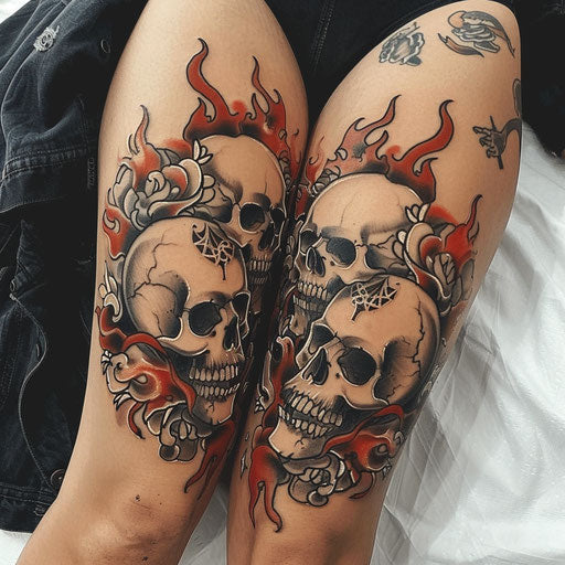 Thigh tattoo of traditional skulls and flames – IMAGELLA
