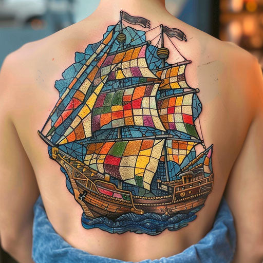 Colorful mosaic tattoo sketch of a historical explorer ship – IMAGELLA