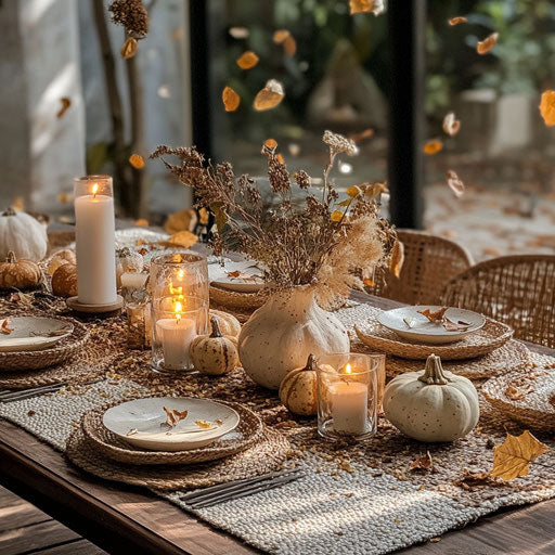 Rustic dining table centerpiece with gourds, candles, and dried autumn ...
