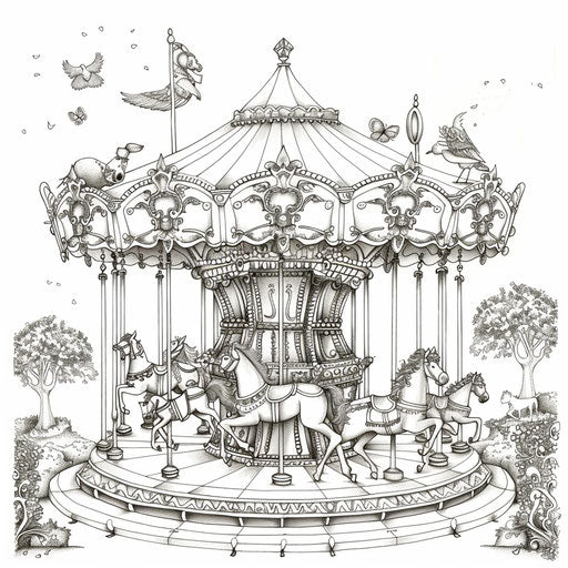 Circular carousel with various animals, coloring book page – IMAGELLA