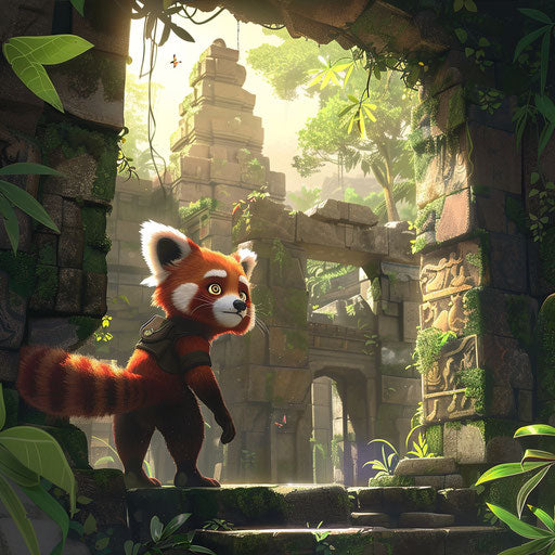 Red panda exploring the ruins of an ancient temple – IMAGELLA