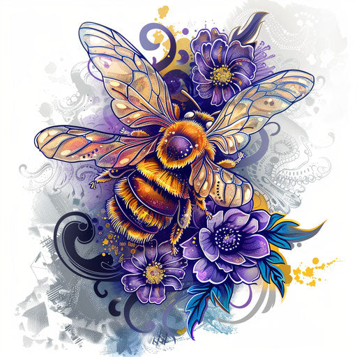 Artistic tattoo sketch of a queen bee with swirling floral motifs and ...