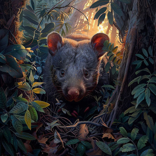 Curious wombat in burrow in dense forest at sunrise – IMAGELLA