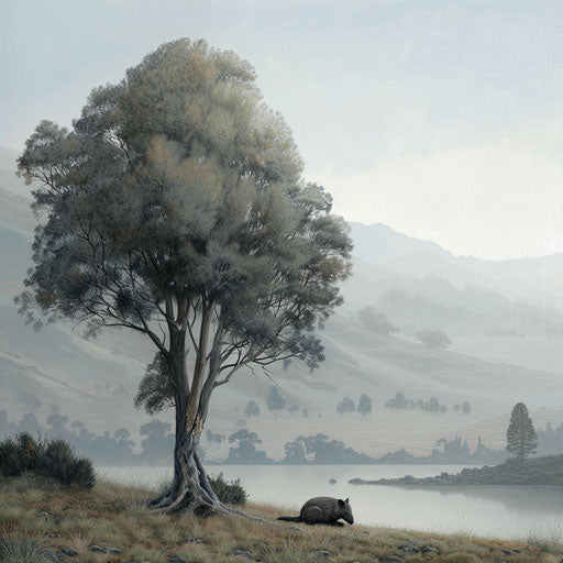 Wombat resting under a tree with misty mountains in the background ...